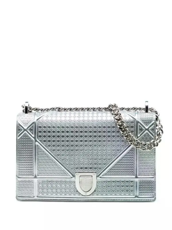 Dior 2015 Medium Metallic Patent Microcannage Diorama Flap Crossbody Bag - Silver