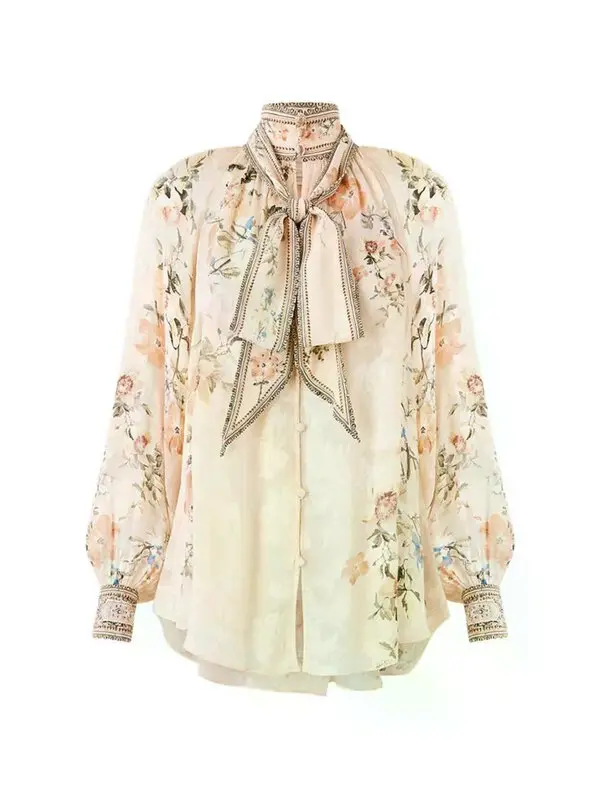 Camilla Pussy-bow Floral Print Top - Neutrals