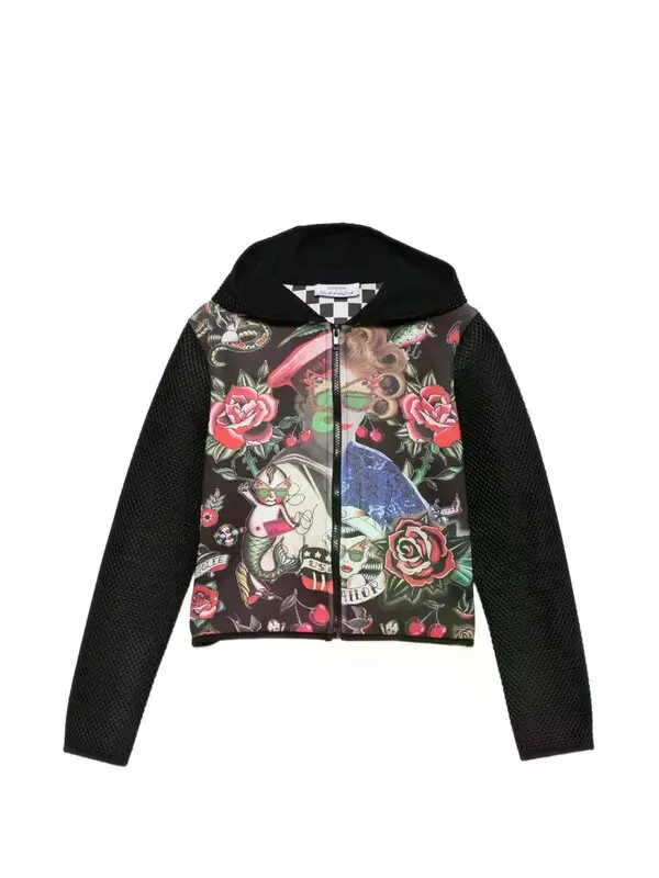 THE ARTISTYLIST Old School Hooded Patterned Bomber Jacket - Black