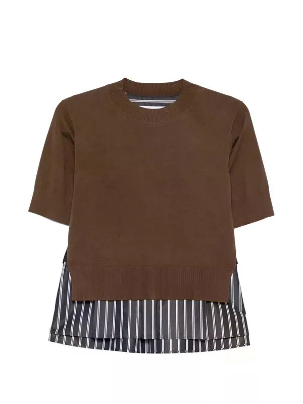Sacai Striped-panel T-shirt - Brown