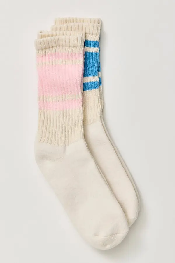 Free People Mono Stripe Crew Socks Pack Of 2 - Icy Pink/powder Blue