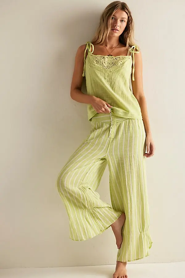 Free People Textured Cami And Wide-leg Pants Set - Lime Combo