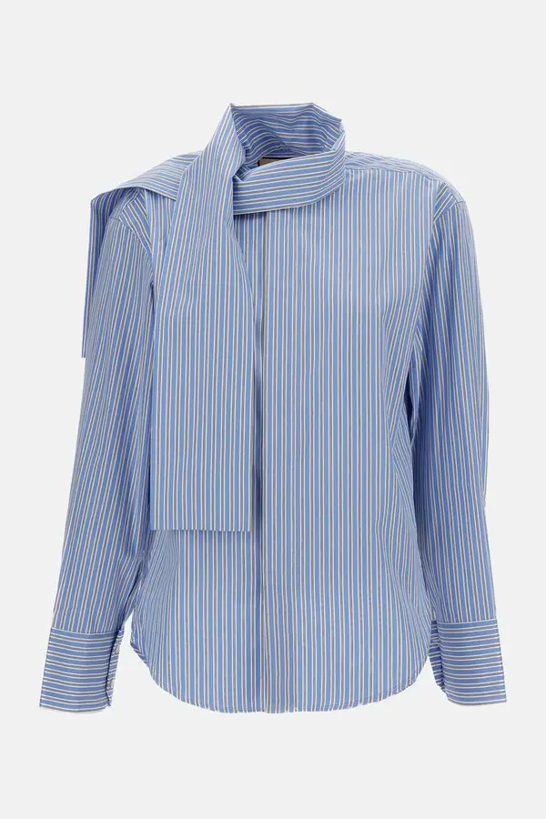 Plan C Striped Shirt With Scarf - Sky Blue