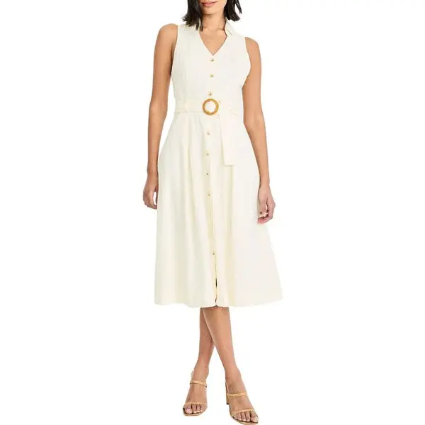 Maggy London Sleeveless Linen Blend Midi Shirtdress - Winter White