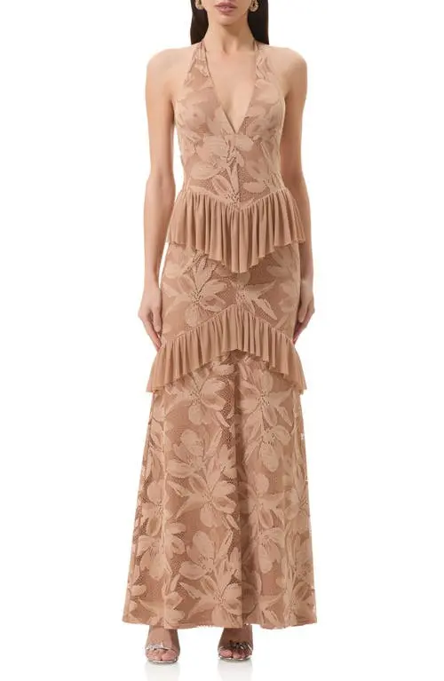 AFRM Athens Floral Lace Ruffle Halter Maxi Dress - Almond