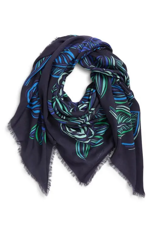 Echo Gestural Rose Print Square Scarf - Navy