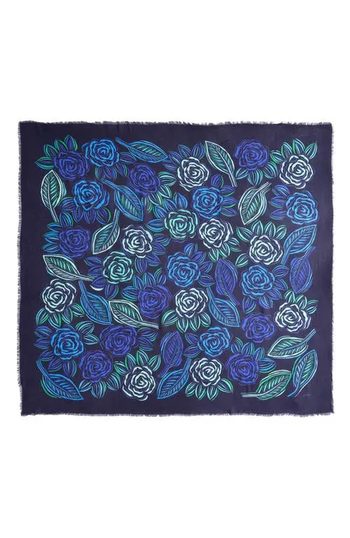 Echo Gestural Rose Print Square Scarf - Navy