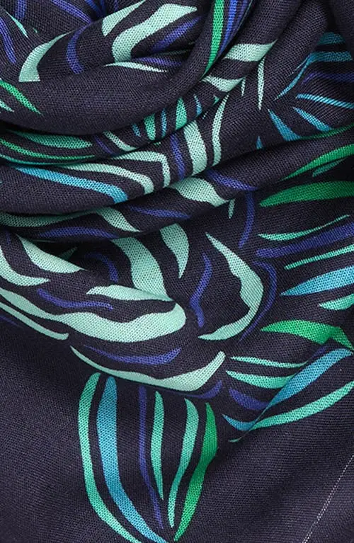 Echo Gestural Rose Print Square Scarf - Navy
