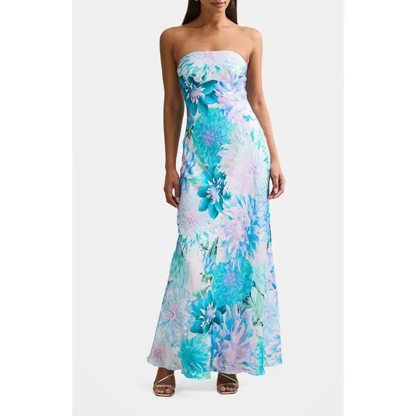 EVER NEW Kai Floral Strapless Satin Dress - Blue Carmen Floral
