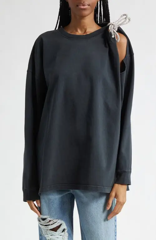 AREA Crystal Knot Cutout Long Sleeve T-shirt - Washed Black