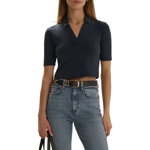 FAVORITE DAUGHTER Cropped Organic Cotton Polo With Johnny Collar - Navy
