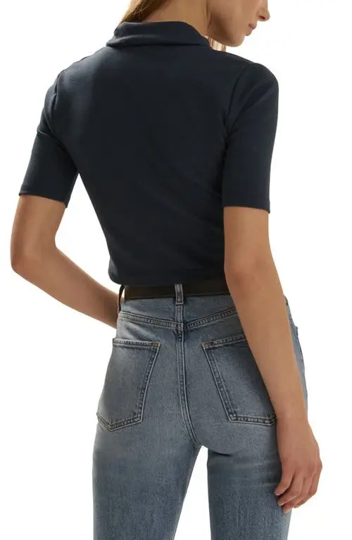 FAVORITE DAUGHTER Cropped Organic Cotton Polo With Johnny Collar - Navy