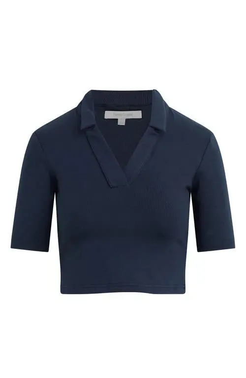 FAVORITE DAUGHTER Cropped Organic Cotton Polo With Johnny Collar - Navy