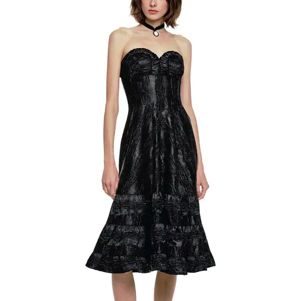 Anna Sui Crushed Satin Strapless Sweetheart Dress - Black