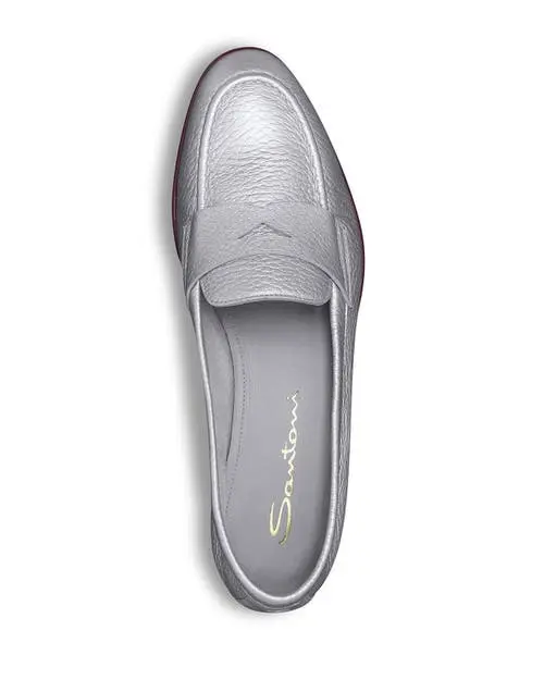 Santoni Tumbled Leather Penny Loafer - Silver