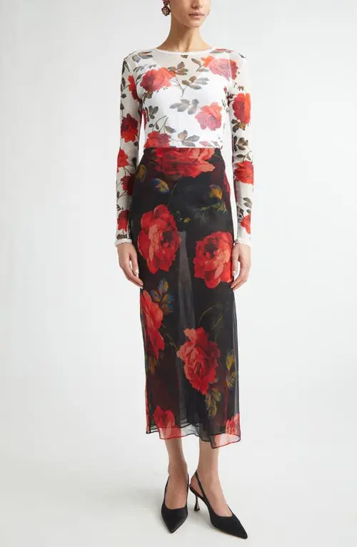 Carolina Herrera Rose Print Sheer Silk Chiffon Midi Skirt - Black Multi