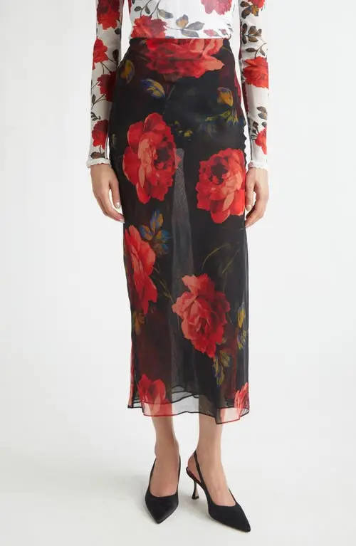 Carolina Herrera Rose Print Silk Chiffon Midi Skirt