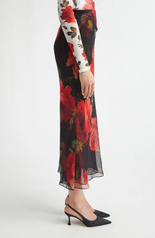 Carolina Herrera Rose Print Silk Chiffon Midi Skirt