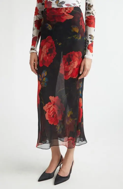 Carolina Herrera Rose Print Silk Chiffon Midi Skirt