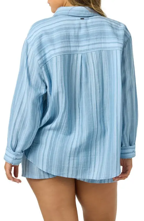 O'Neill Leni Waves Stripe Cotton Gauze Button-up Shirt - Chambray Blue