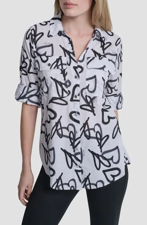 Dkny Printed Roll-tab Cuff Cotton Button-up Shirt - Ivory Graffiti Heart