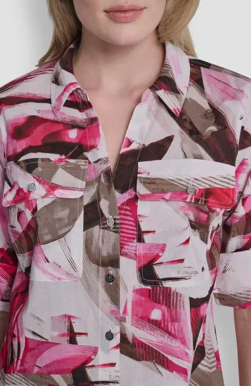 Dkny Printed Cotton Button-up Shirt With Roll-tab Cuffs - Spring Wisps