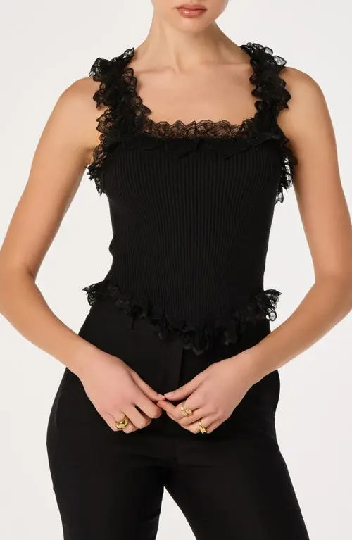 Astr The Label Amity Ruffle Lace Rib Tank - Black