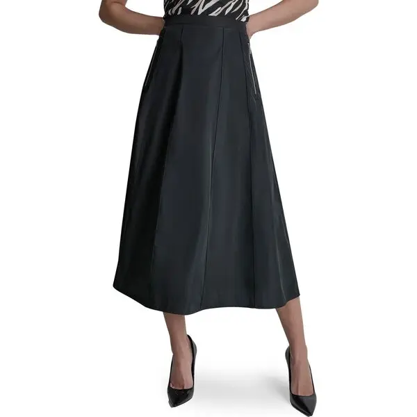 Dkny Taffeta Seamed Zip Pocket Midi Skirt - Black
