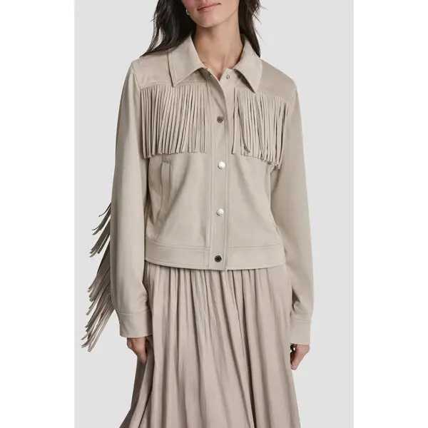 Dkny Fringe Trim Faux Suede Jacket - Pebble