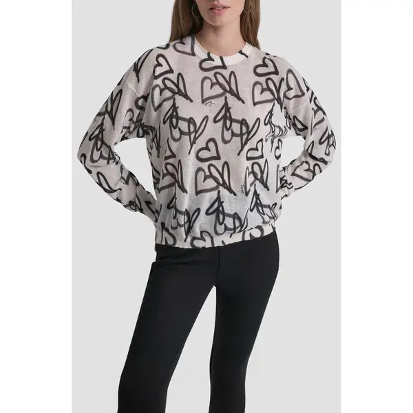 Dkny Lightweight Graffiti Heart Print Sweater - Ivory Graffiti Heart