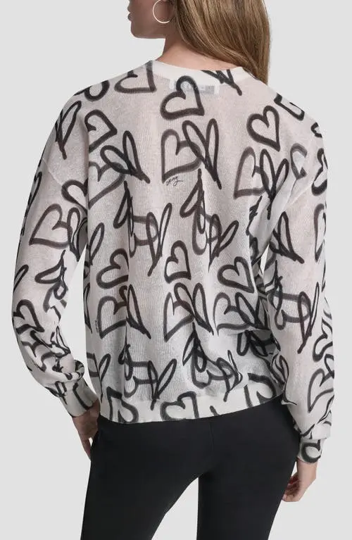 Dkny Lightweight Graffiti Heart Print Sweater - Ivory Graffiti Heart