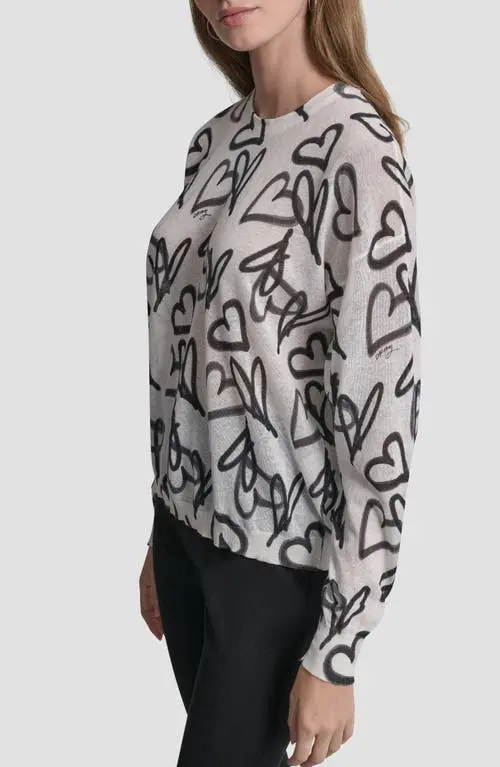 Dkny Lightweight Graffiti Heart Print Sweater - Ivory Graffiti Heart