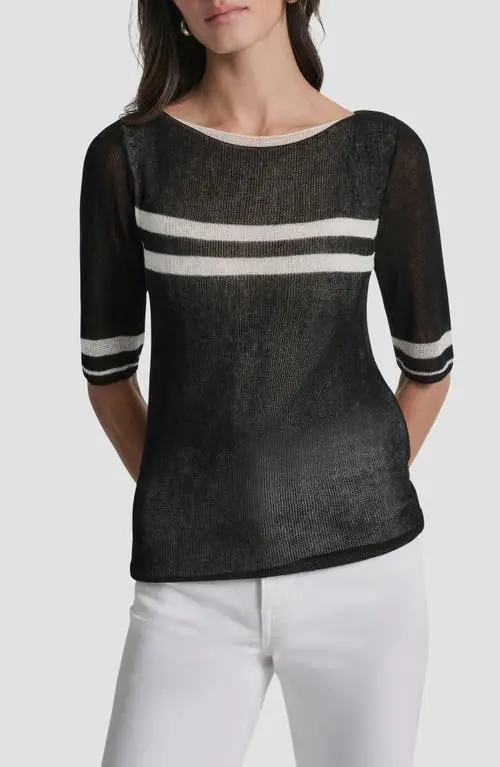 Dkny Stripe Lightweight Elbow Sleeve Sweater - Black/ivory