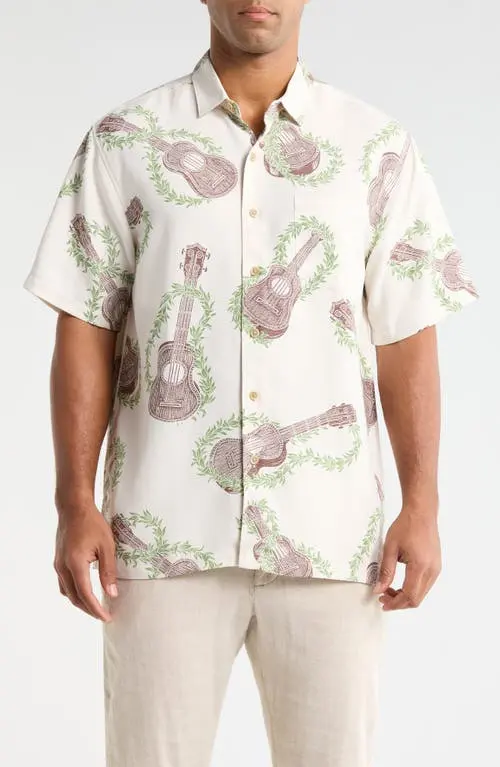 KAHALA Ukulele Mele Print Short Sleeve Button-up Shirt - White