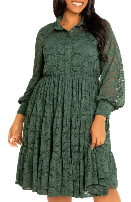 BUXOM COUTURE Lace Long Sleeve Shirtdress - Emerald