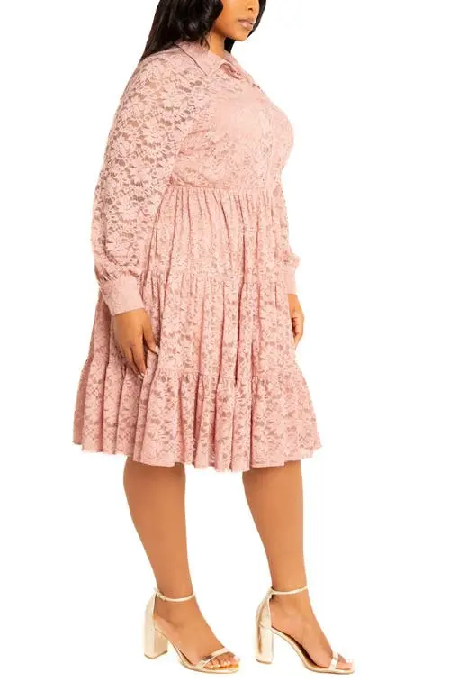 BUXOM COUTURE Lace Long Sleeve Shirt Dress - Mauve