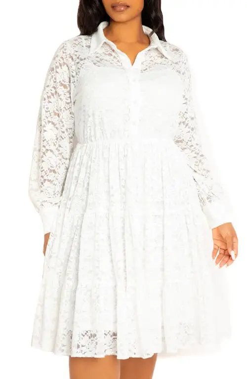 BUXOM COUTURE Lace Long Sleeve Shirtdress - White