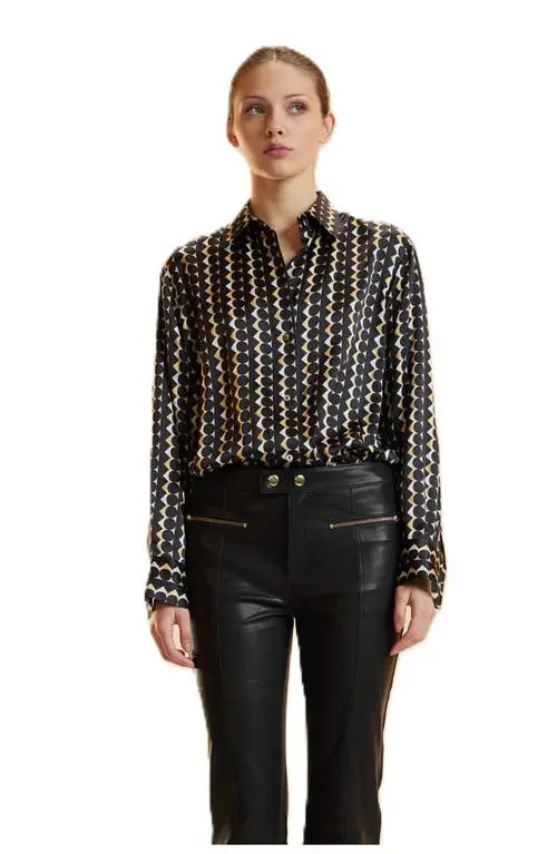 Cynthia Rowley Foil Silk Button Up Shirt - Geo Black/camel Combo