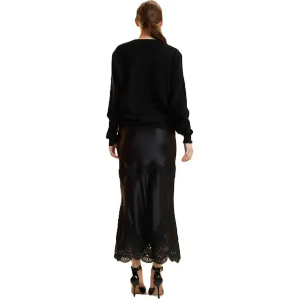 Cynthia Rowley Satin Lace Midi Skirt - Black