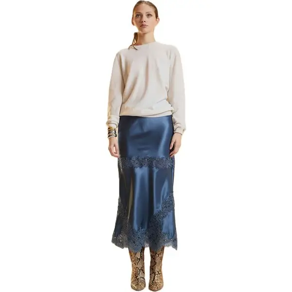 Cynthia Rowley Satin Lace Midi Skirt - Denim Blue