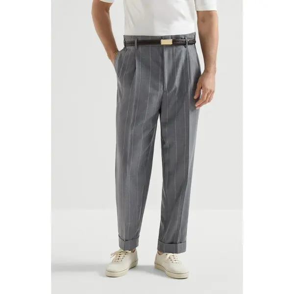 Brunello Cucinelli Chalk Stripe Pleated Trousers - Medium Grey