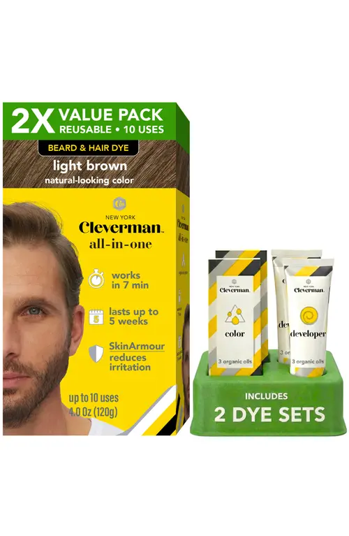 CLEVERMAN 2x Pack Reusable Beard & Hair Dye Kit - Light Brown