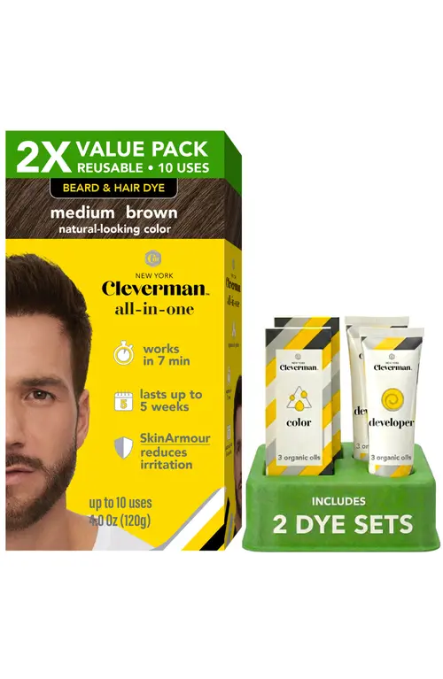CLEVERMAN 2x Pack Reusable Beard & Hair Dye Kit - Medium Brown