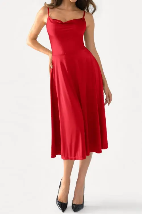POPILUSH Shapewear Strappy Cowl Neck Vacation & Date Night Fit & Flare Midi Dress - Bright Red