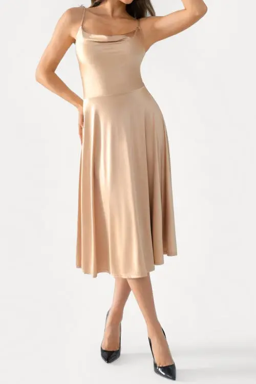 POPILUSH Shapewear Strappy Cowl Neck Fit & Flare Midi Dress - Champagne