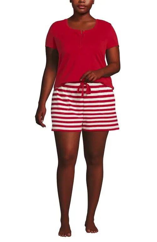 LANDS' END Knit 2 Piece Pajama Setshort Sleeve Top And Shorts - Compass Red/ivory Stripe