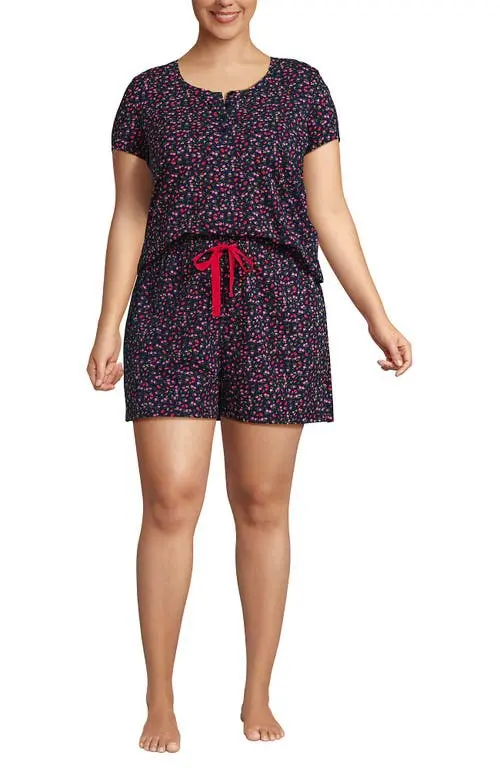LANDS' END Knit 2 Piece Pajama Setshort Sleeve Top And Shorts - Deep Sea Floral Strawberries