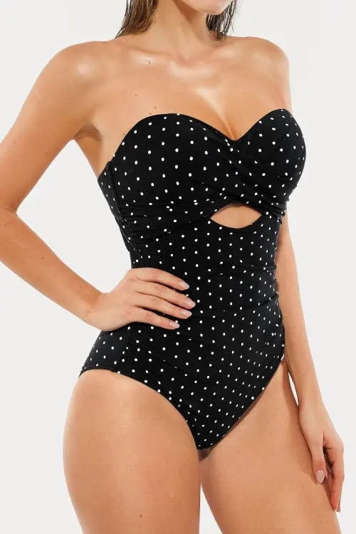 POPILUSH Twist Shirred Convertible One-piece Swimsuit - Black/white Dot