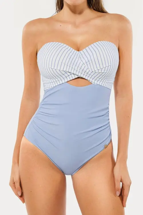 POPILUSH Twist Shirred Convertible One-piece Swimsuit - Nautical Blue