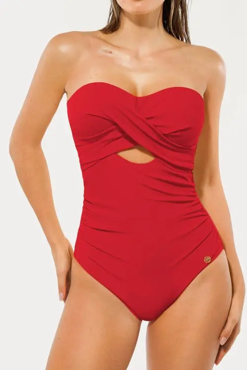 POPILUSH Twist Shirred Convertible One-piece Swimsuit - Radiant Red